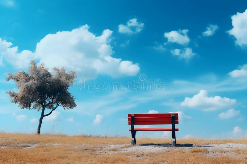 Serene Rural Landscape with Red Bench and Lone Tree Under Blue Sky ...