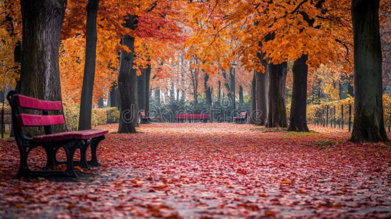 Red Bench Under Autumn Trees with Fallen Leaves Stock Illustration ...
