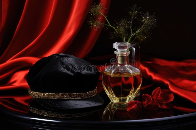 A Red Beret Hat Next To a Glass Perfume Bottle on a Glossy Black Table ...