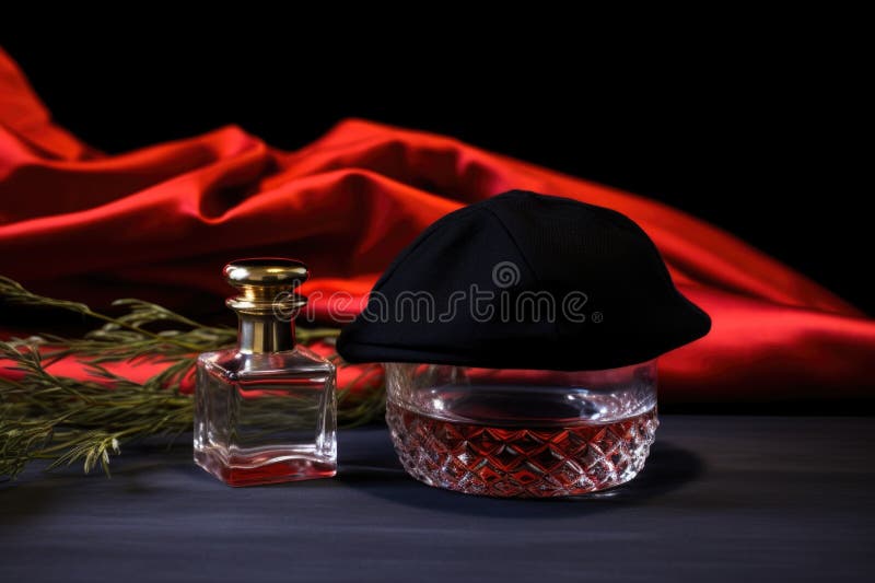 A Red Beret Hat Next To a Glass Perfume Bottle on a Glossy Black Table ...