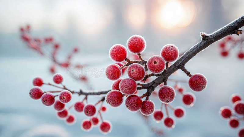 Red Berries Covered with Frost Growing on Spruce Tree Branch in Winter ...