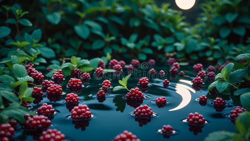 Enchanting Raspberry Clusters Floating on Dark Water at Night Stock ...