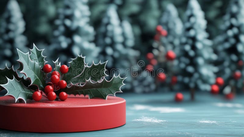 Red Berries and Holly Sprig Resting on a Red Circular Platform Stock ...