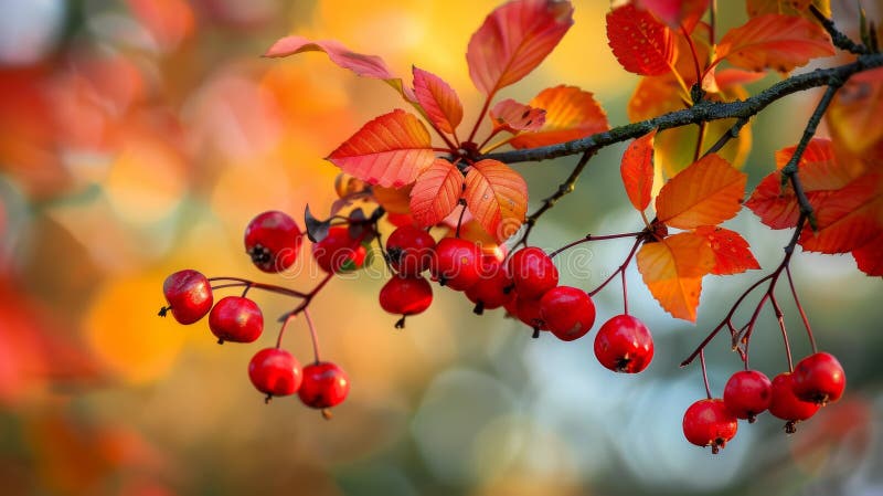 Red Berries on Tree Branch with Vibrant Autumn Leaves Stock Image ...