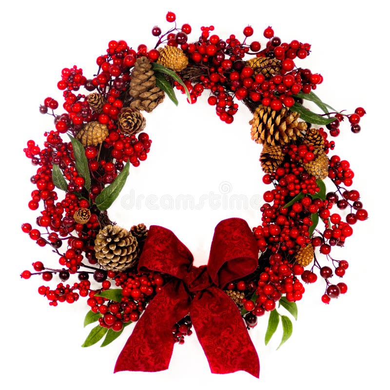Red Berry and Pine Cone Wreath with Bow Stock Image - Image of ...