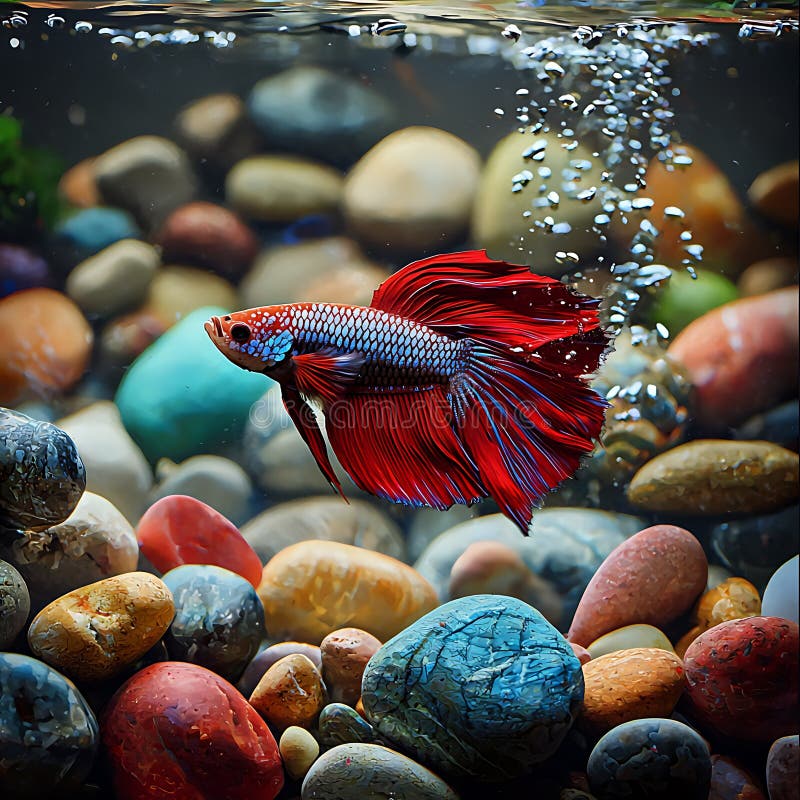 Red Betta Fish Swimming among Colorful Pebbles in an Aquarium Stock ...