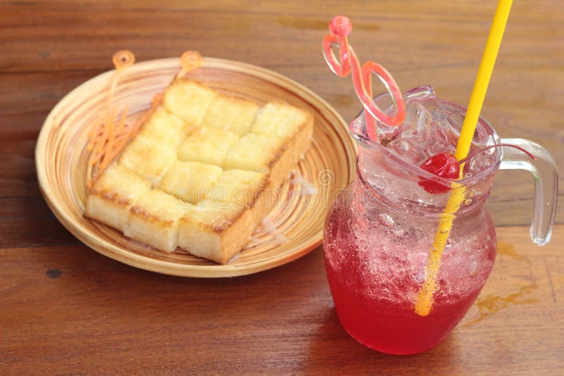 Red Beverage Mix Soda and Bread Toast. Stock Photo - Image of beverage ...