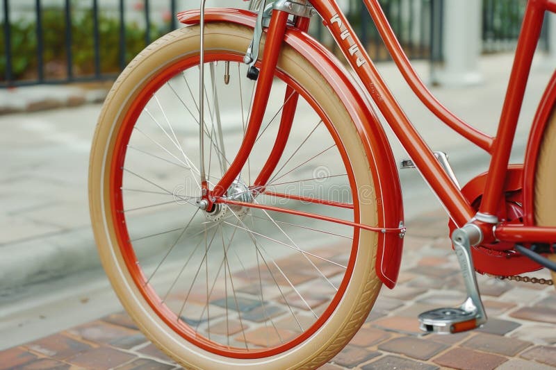 A Red Bicycle with Cream-colored Tires Rolls Along a Cobblestone Path ...