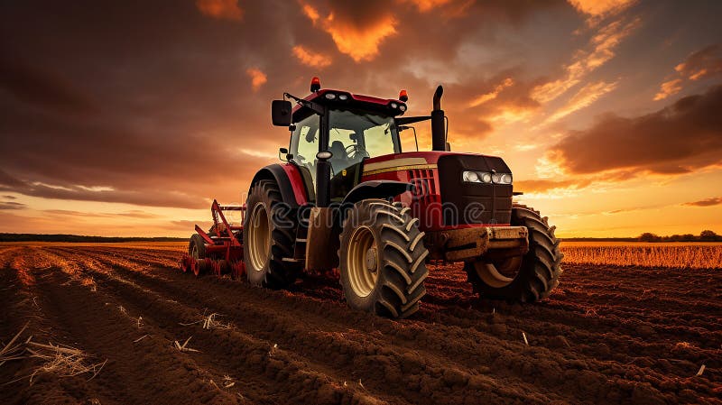 Red Big Tractor Parked on the Field in the Sunset. Generative Ai Stock ...