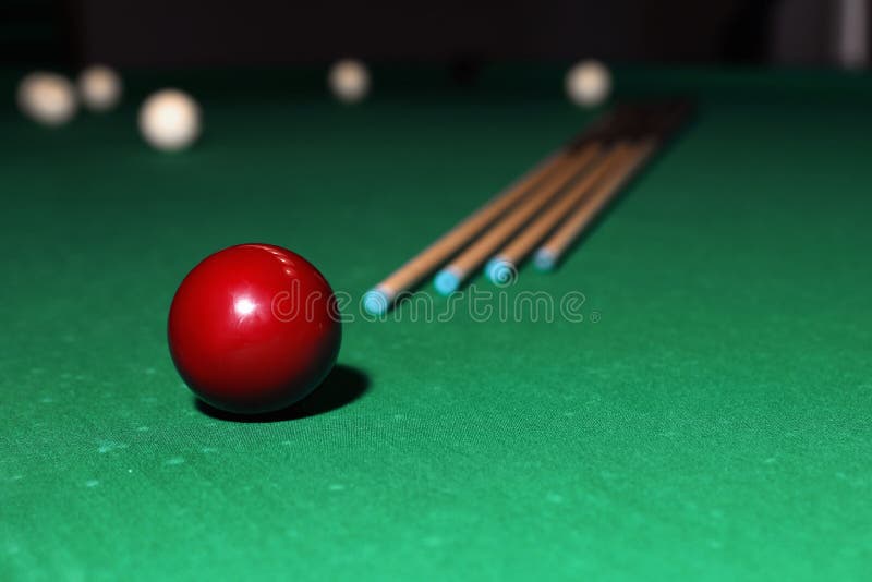 Red Billiard Ball and Cues on Table Stock Image - Image of hobby ...