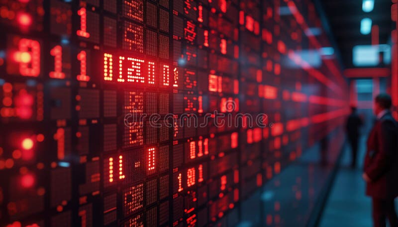 Red Binary Code Illuminates Digital Wall. People Observe Data Stream ...