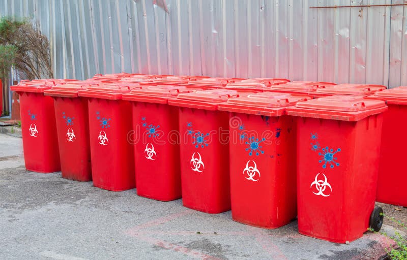 Red Bins Group with Symbol Infectious in the Outdoors Keep Clean from ...