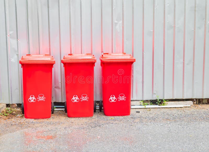 Red Bins Three with Symbol Infectious in the Outdoors Keep Clean from ...