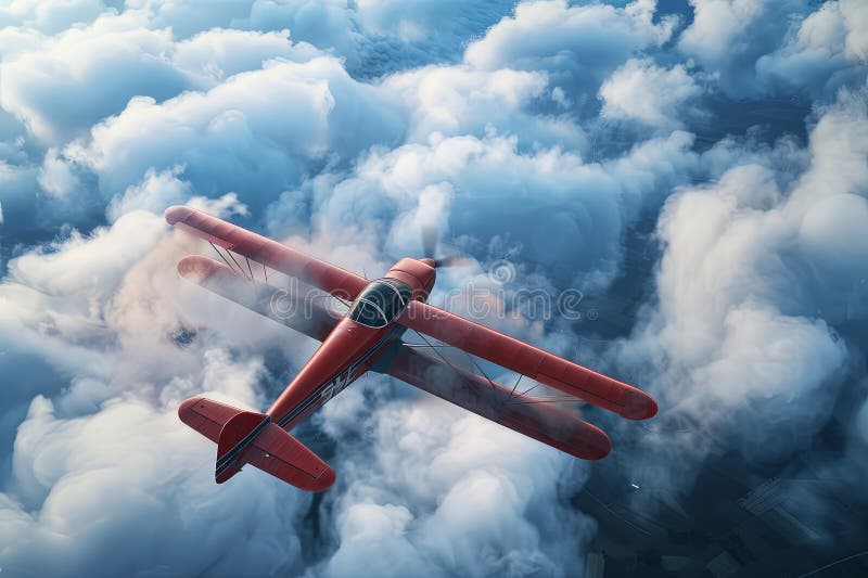 A Red Biplane Flies High Above a Layer of Fluffy White Clouds, Bathed ...