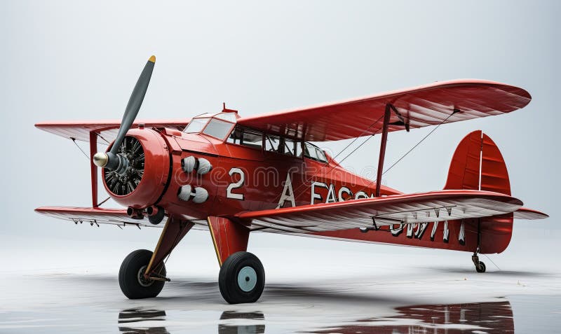 Red Biplane with Propeller on Reflective Surface Stock Photo - Image of ...
