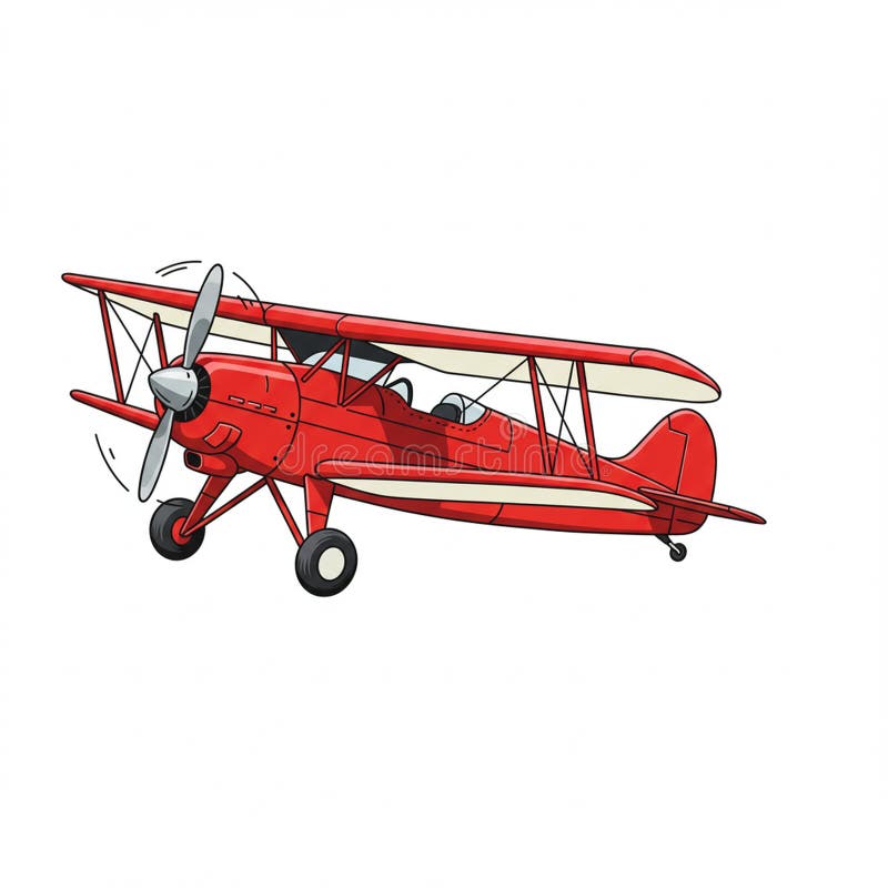 A Red Biplane with a Single-engine is Depicted in Cartoon Style ...