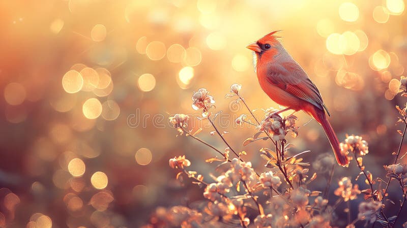A Red Bird Alighted on Red Blossoms Bathed in Sunlight Stock Image ...