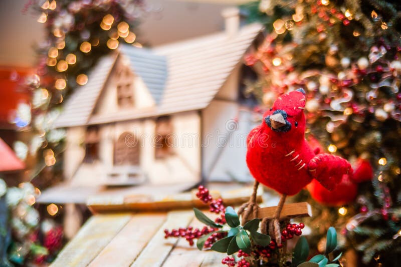 Red bird on Christmas tree stock photo. Image of animal - 27997060