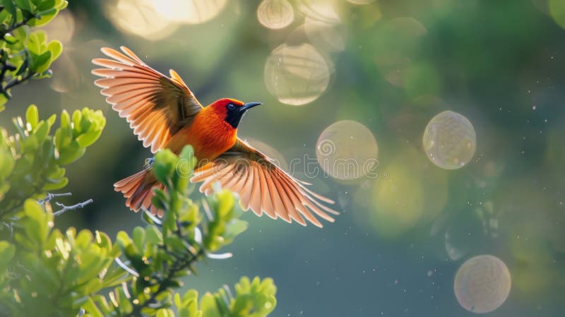 Red Bird Flying Over Tree Branch Stock Image - Image of aerial, bird ...