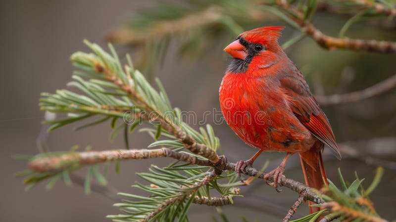 A Red Bird Perched on a Branch of an Evergreen Tree, AI Stock Image ...