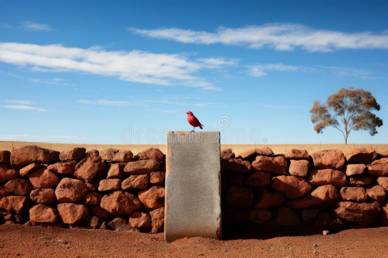 A Red Bird Perched on a Stone Wall Stock Illustration - Illustration of ...