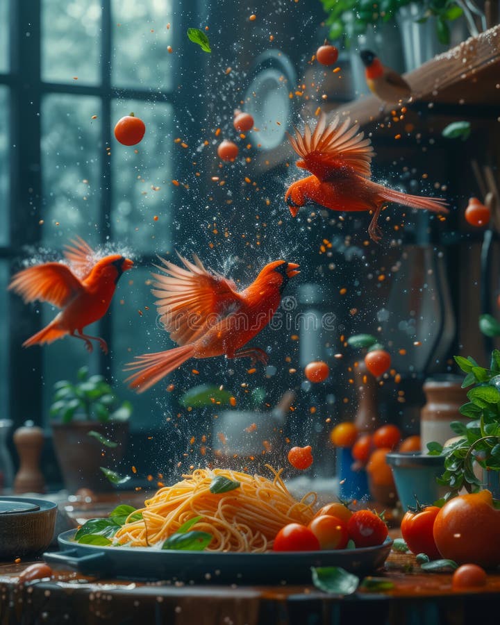 Red Birds Fly Over the Table with Flying Spaghetti and Tomatoes Stock ...