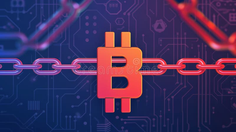 A Red Bitcoin Symbol is Wrapped in Metallic Chains, Set Against a Blue ...