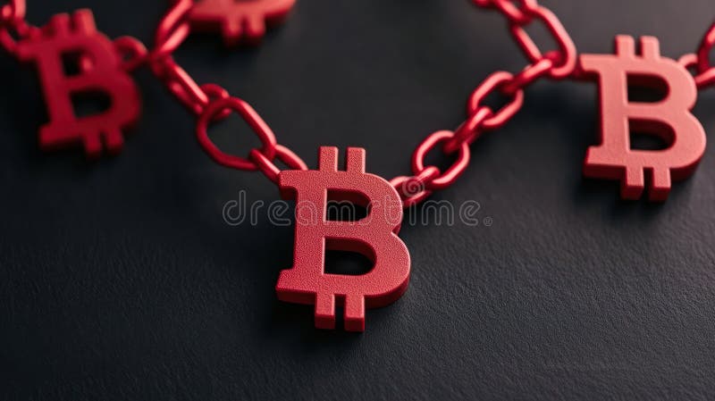 Red Bitcoin Symbols Connected by Chains on a Dark Surface Stock Photo ...