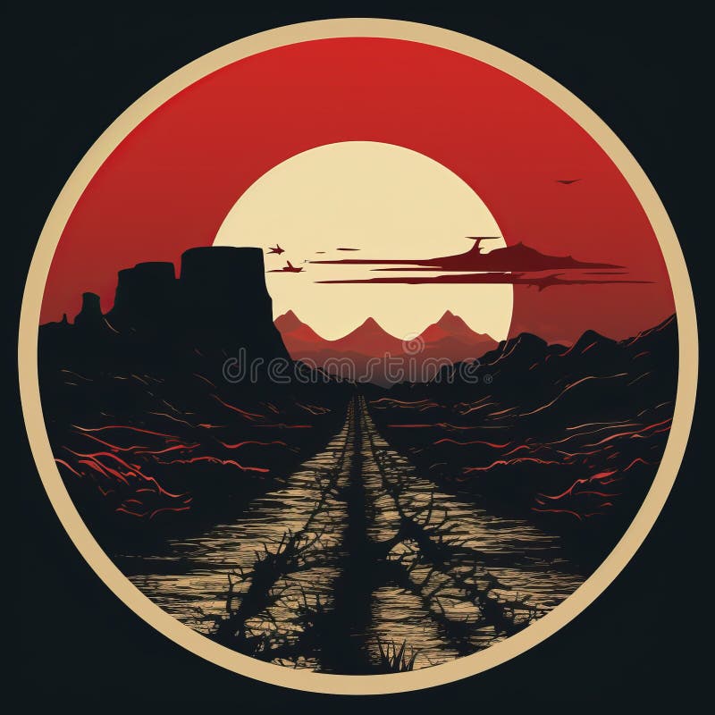 A Red and Black Background with a Road and Mountains in the Background ...