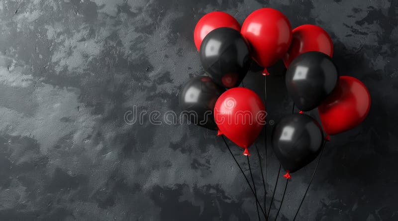 Red and Black Balloons Floating Against a Dark Grey Wall Stock Image ...