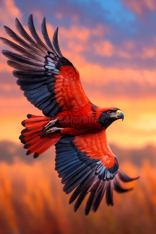 A Red and Black Bird Flying through the Air with Its Wings Spread Stock ...