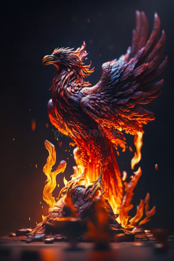 Red and Black Bird Sitting on Top of Pile of Fire and Flames ...