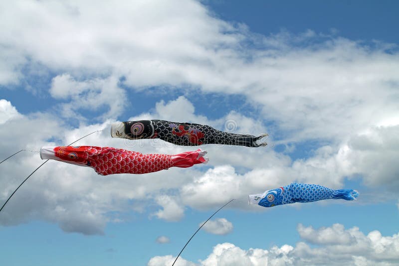 Red, Black, and Blue Fish Kites Stock Image - Image of blue, streamers ...