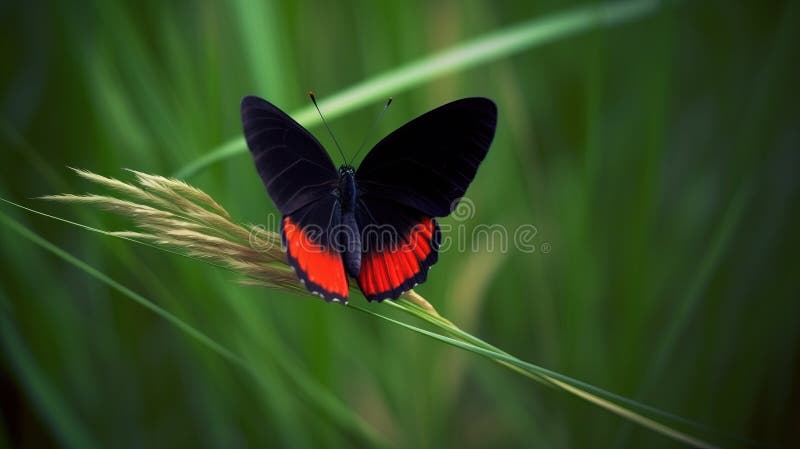 A Red and Black Butterfly Resting on a Blade of Grass Stock ...