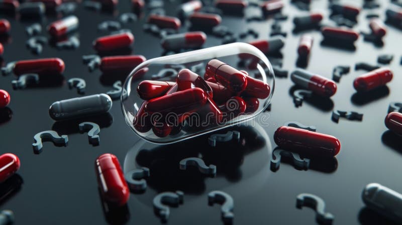 Red and Black Capsules Spilling from Container, Surrounded by Question ...