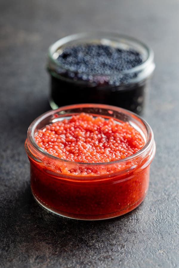 Red and Black Caviar in Jar on Dark Table Stock Image - Image of caviar ...