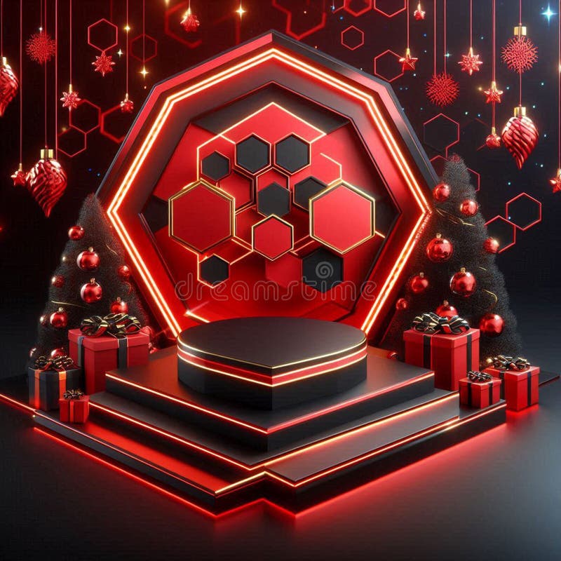A Red and Black Christmas Scene with a Red Octagon in the Middle Stock ...
