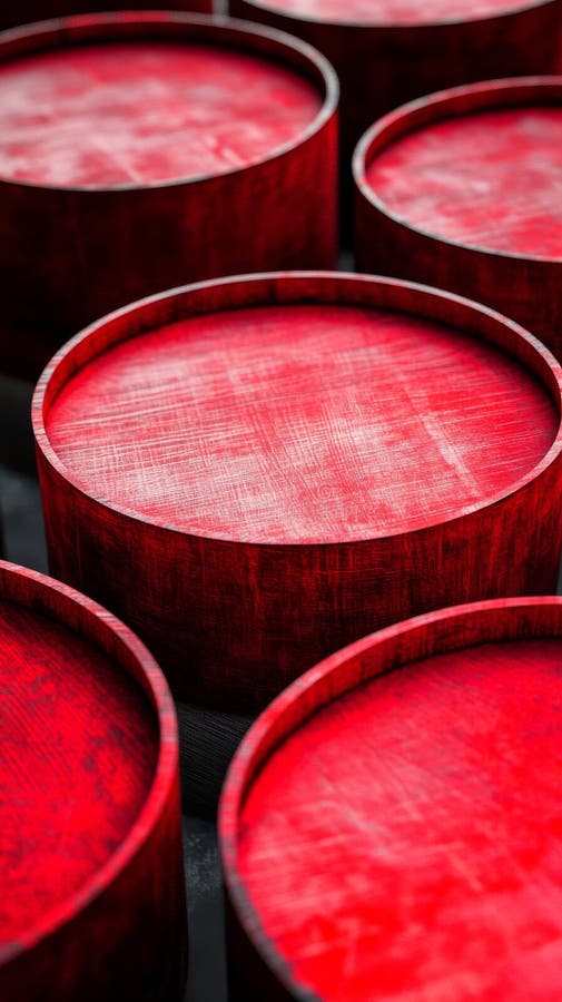 Red and Black Circular Wooden Containers with Textured Surfaces Stock ...