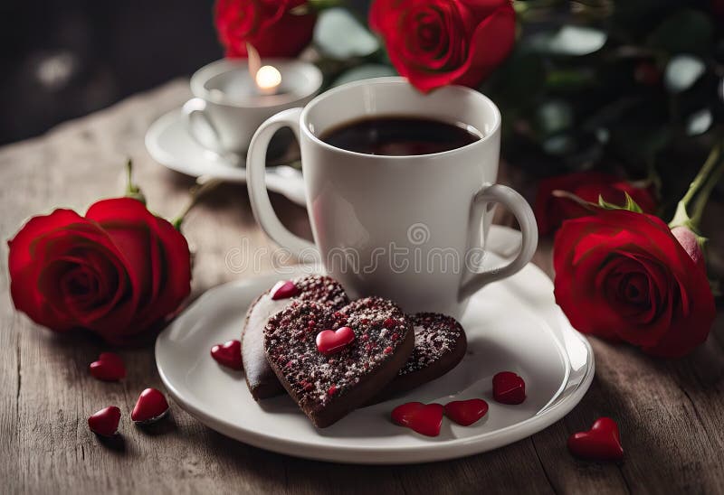 Red Black Coffee Close Heart Shaped Romantic Roses Cookie Breakfast ...