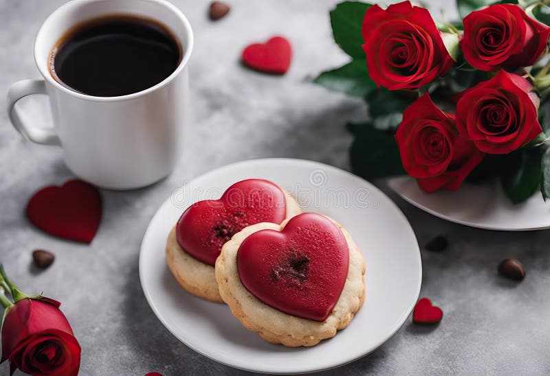 Red Black Coffee Close Heart Shaped Romantic Roses Cookie Breakfast ...