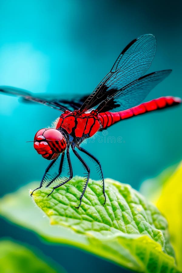 A Red Dragonfly Sitting on Top of a Green Leaf Stock Photo - Image of ...