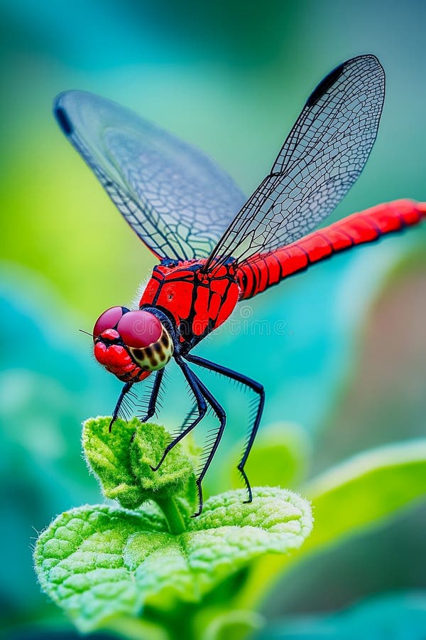 A Red Dragonfly Sitting on Top of a Green Leaf Stock Image - Image of ...