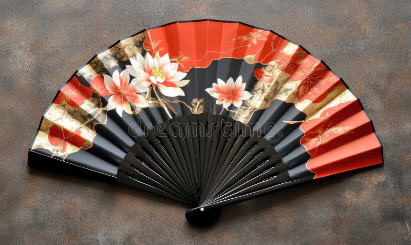 A Red and Black Fan with Flowers on it Stock Photo - Image of asia ...