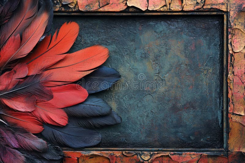 Red and Black Feathers Creating a Corner Frame on a Grunge Background ...