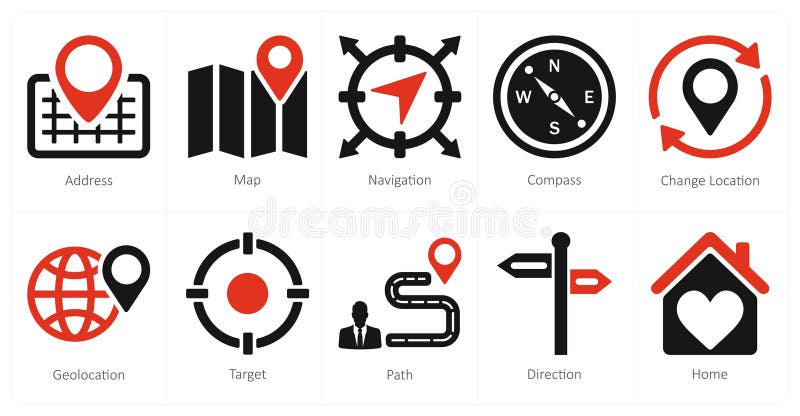 A Set of 10 Location Icons As Address, Map, Navigation Stock ...
