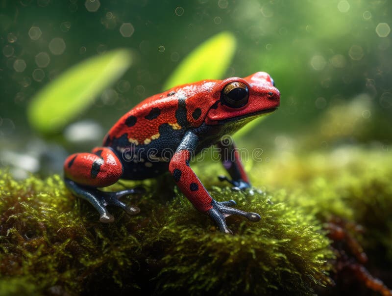 Red and Black Frog Sits on Top of Moss Stock Illustration ...