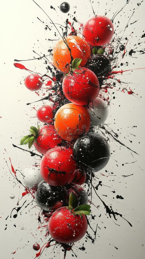 Red and Black Fruits Splashed with Paint in an Artistic Design Stock ...