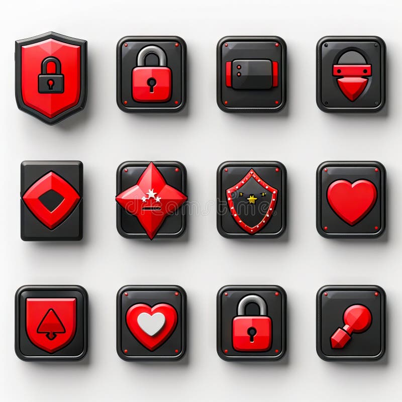 Red and Black Icons with Hearts and Locks Stock Image - Image of shield ...