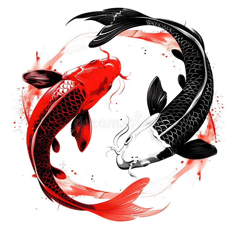 Red and Black Koi Fish in a Circle Stock Illustration - Illustration of ...