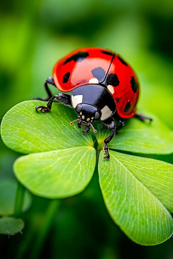 A Red and Black Ladybug Sitting on a Green Leaf Stock Photo - Image of ...